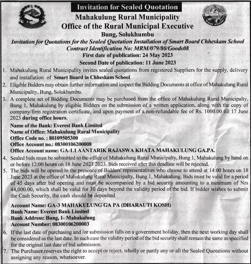Invitation for Sealed Quotation | महाकुलुङ गाउँपालिका, गाउँ ... Invitation for Sealed Quotation | महाकुलुङ गाउँपालिका, गाउँ ...